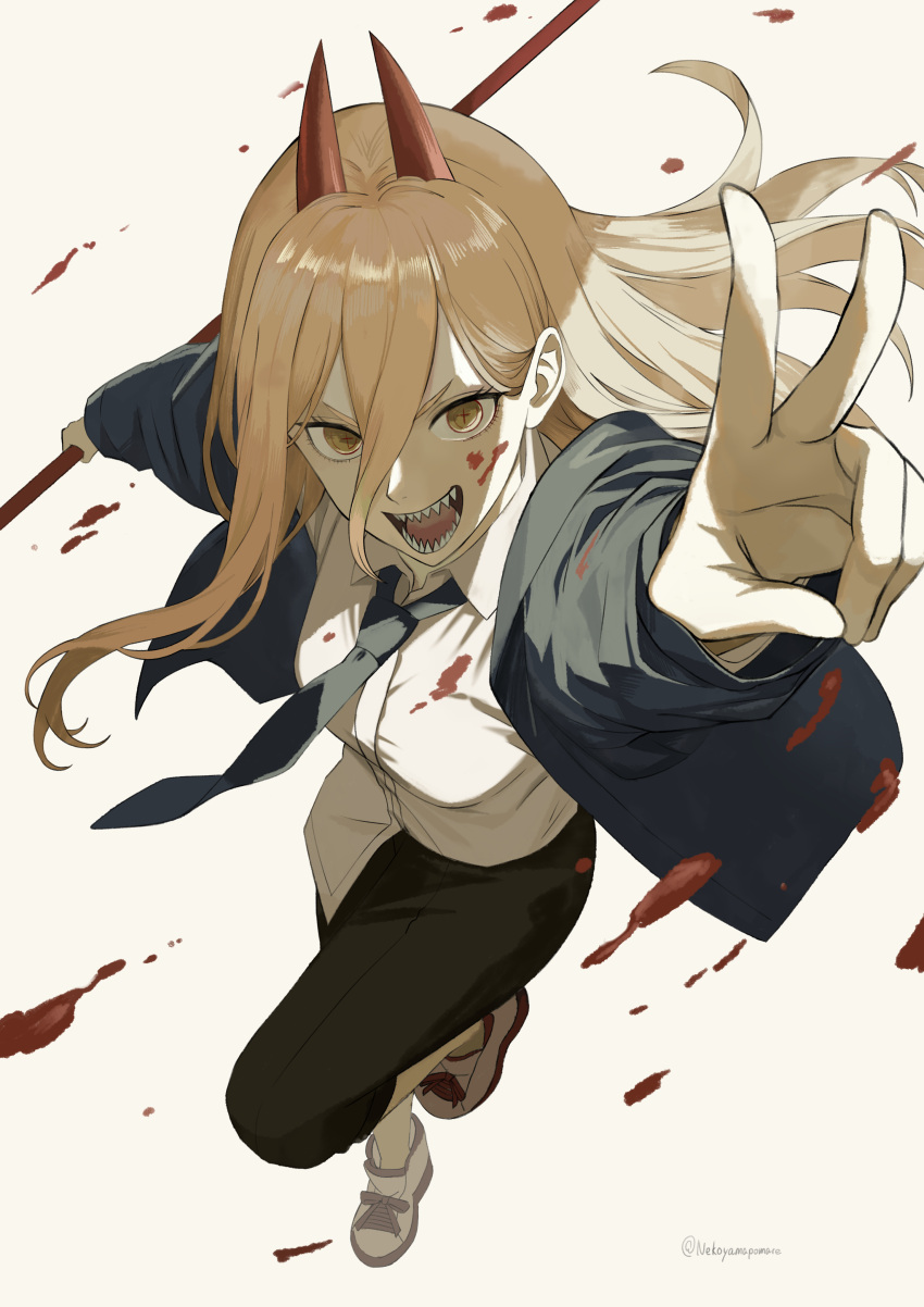Safebooru - 1girl absurdres black necktie black pants blonde hair blood blue jacket chainsaw man ...