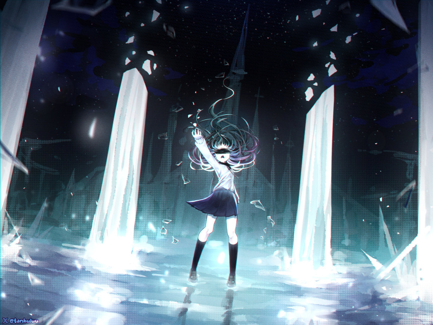 Safebooru - 1girl arm up black hair black skirt black socks cardigan ...