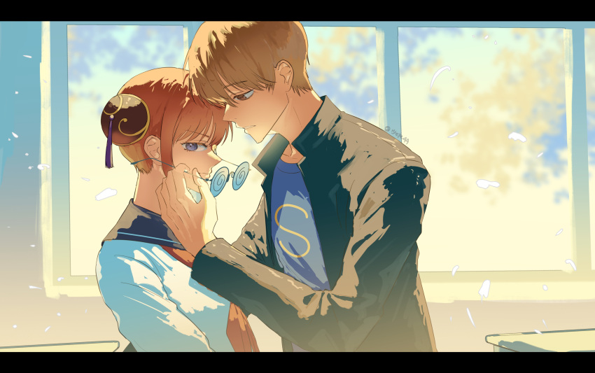 Safebooru - 1boy 1girl absurdres artist name black border blonde hair border from side gakuran ...