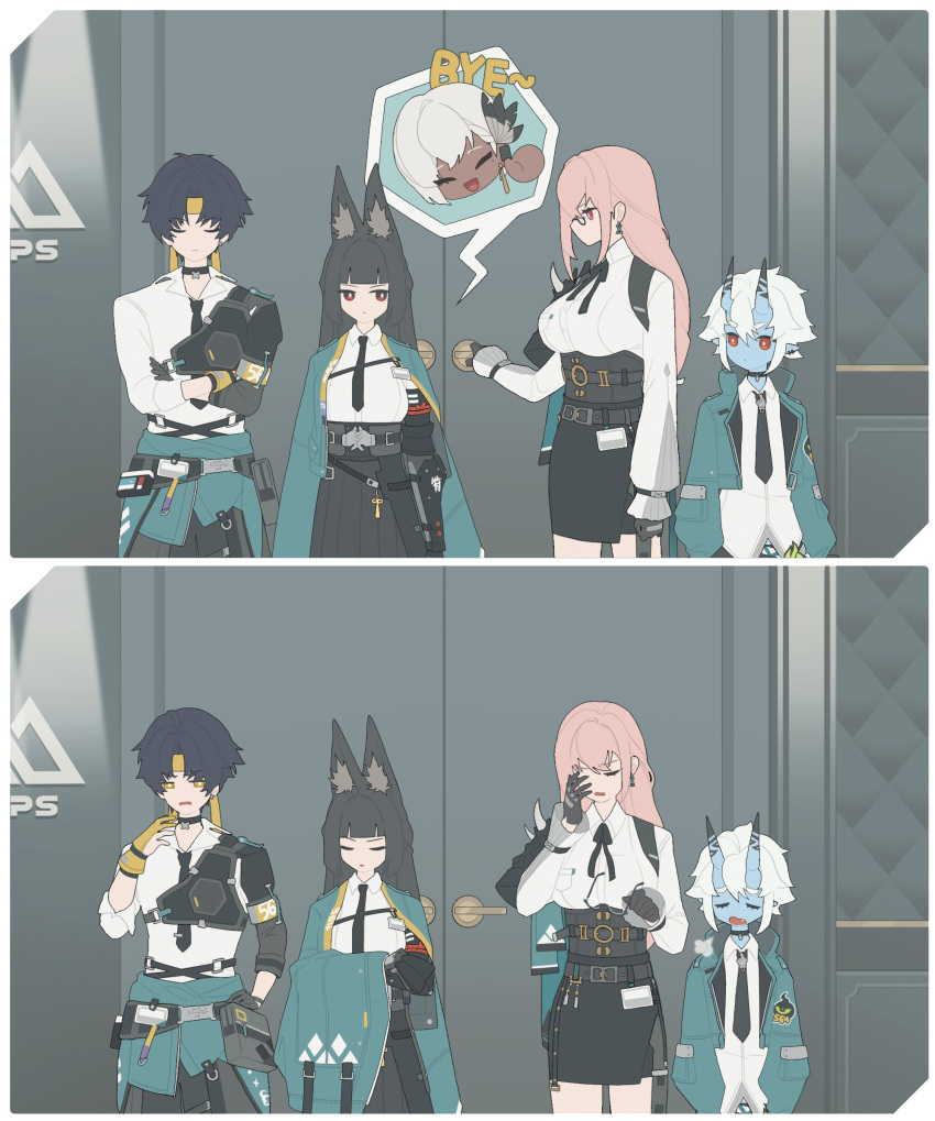 Safebooru - 1boy 4girls animal ears asaba harumasa black gloves black hair black skirt blue skin ...