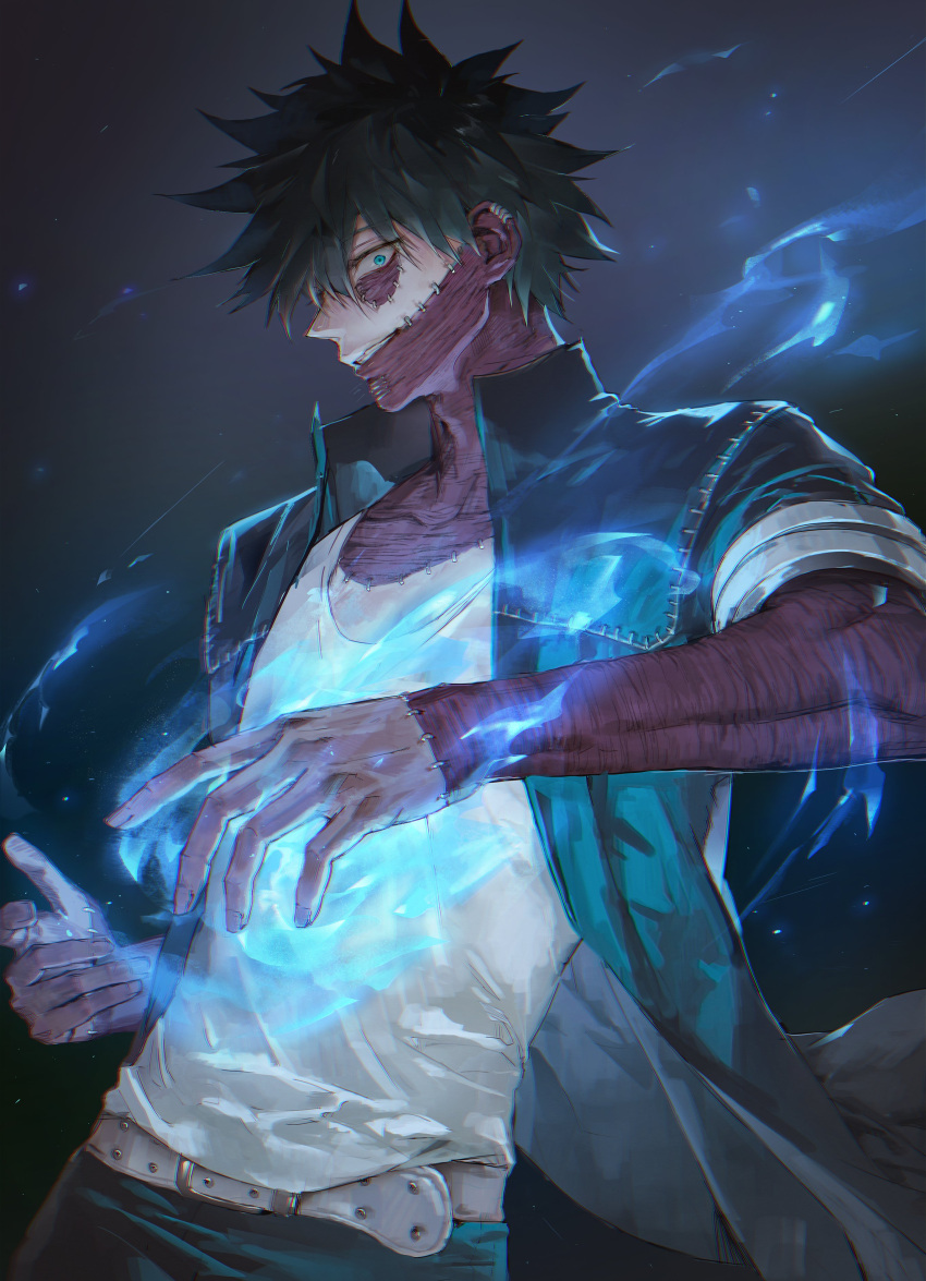 Safebooru - 1boy absurdres ateli er belt black background black jacket ...