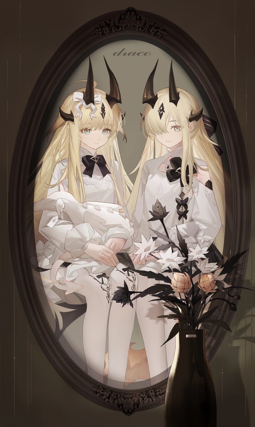 Safebooru - 2girls absurdres aqua eyes arknights black bow black bowtie black flower black horns ...