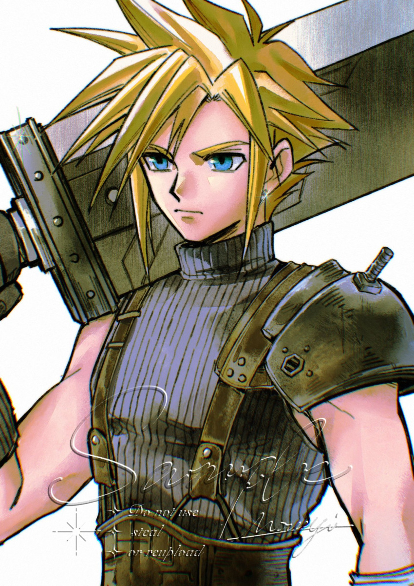 Safebooru - 1boy armor blonde hair blue eyes brown gloves buster sword closed mouth cloud strife ...