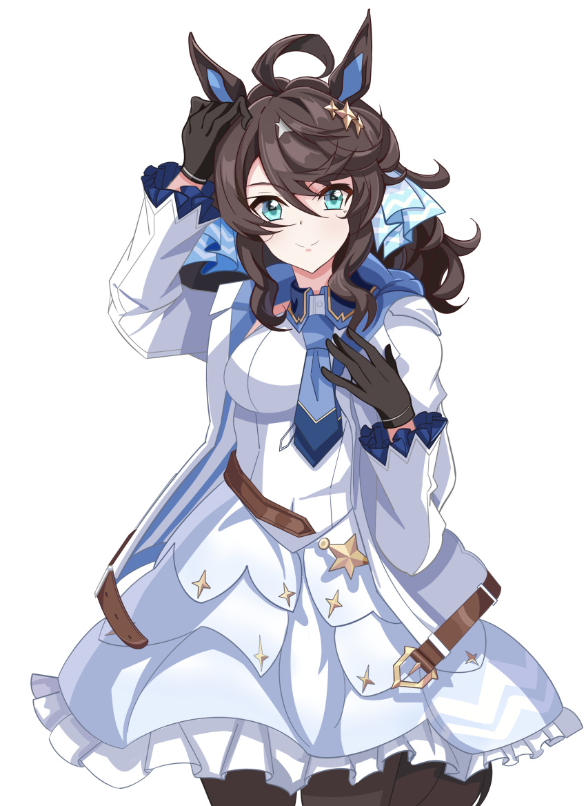 Safebooru - 1girl absurdres ahoge animal ears aqua eyes black gloves blue necktie brown hair ...