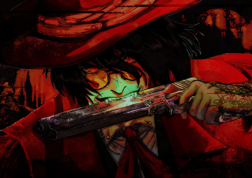 Safebooru - 1boy alucard (hellsing) artist collaboration ascot biting black hair coat collared ...