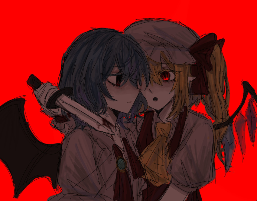 Safebooru - 2girls :o ascot backlighting bat wings black wings blonde hair blood blood on knife ...