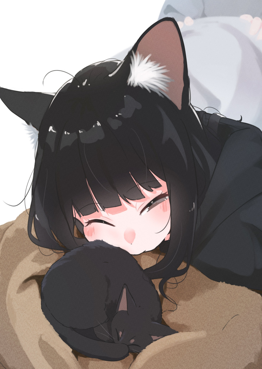 Safebooru - 1girl absurdres animal animal ear fluff animal ears black cat black hair black ...