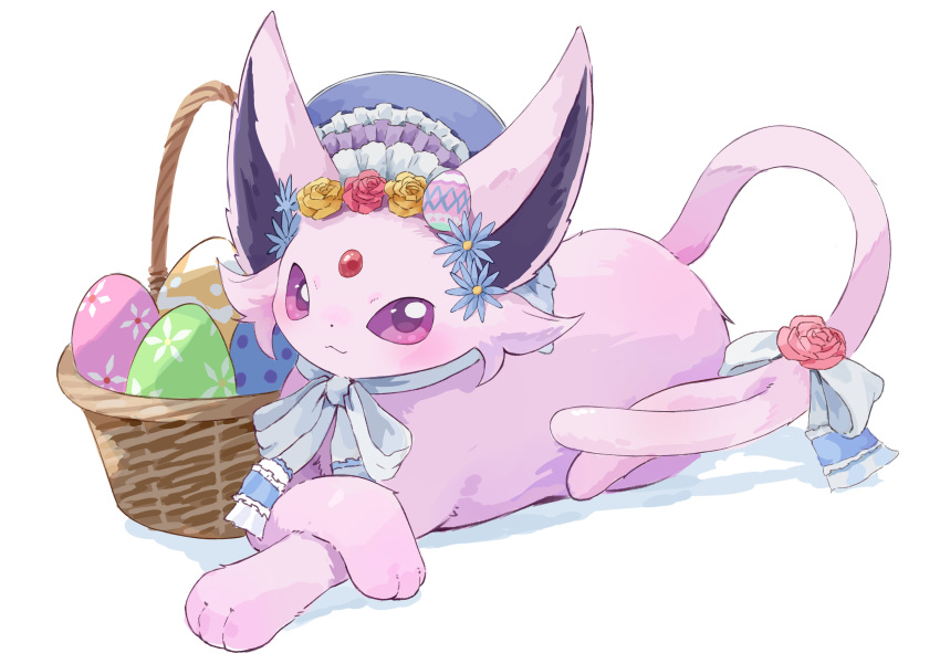 Safebooru - absurdres animal focus basket blush bonnet closed mouth easter easter egg egg espeon ...