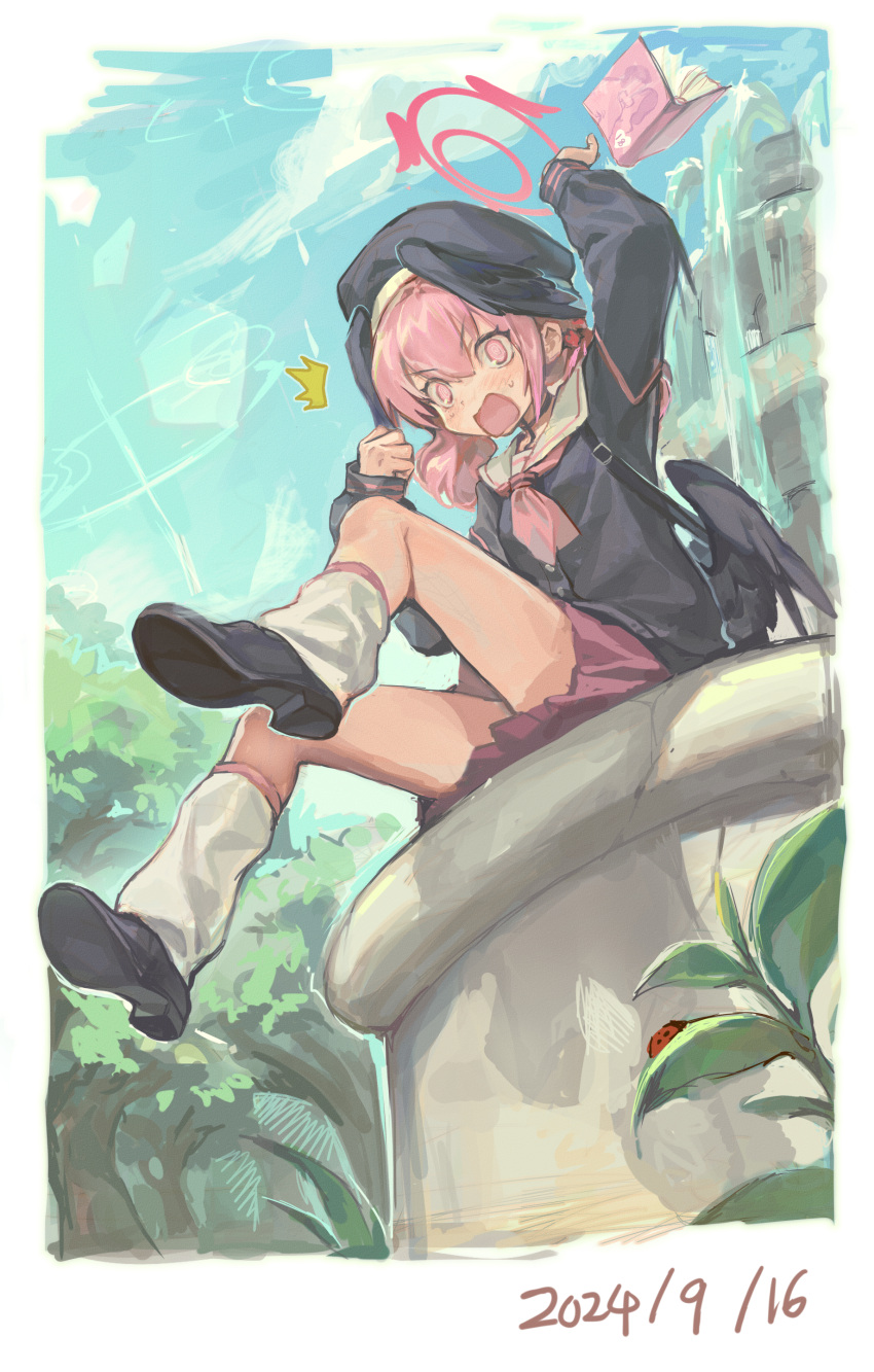 Safebooru - 1girl @ @ ^^^ absurdres beret black hat black shorts blue archive blush book ...