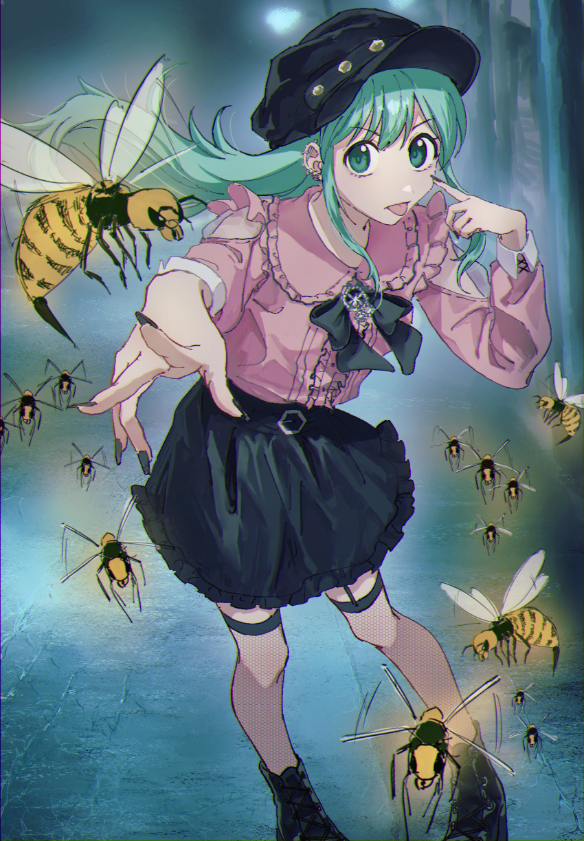 Safebooru - 1girl bee black bow black bowtie black hat black nails black shoes black skirt bow ...