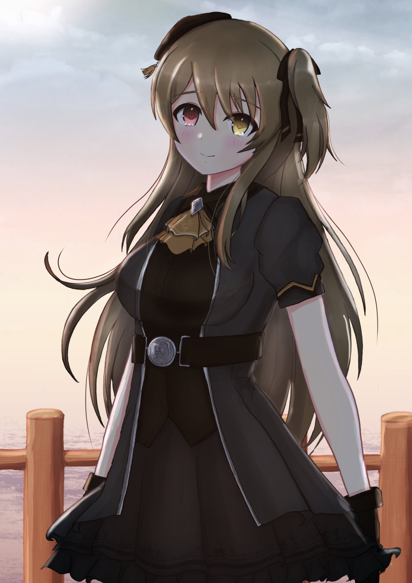 Safebooru - 1girl arms at sides ascot assault lily belt beret black belt black dress black ...