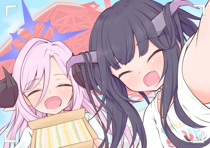 Safebooru - 2girls :d ^ ^ alternate costume black hair black horns blue archive blunt bangs ...