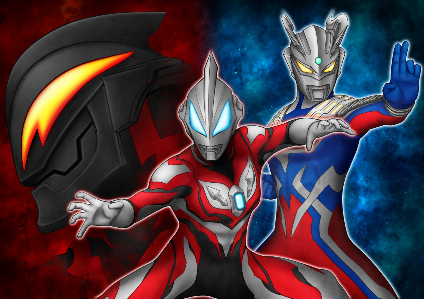 Safebooru - 3boys abs alien armor black skin blue background blue eyes ...