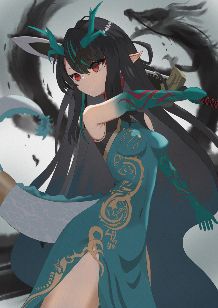 Safebooru - 1girl absurdres arknights black hair china dress chinese clothes colored skin dragon ...