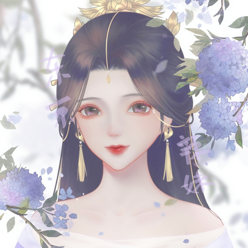 Safebooru - 1girl bare shoulders black hair blue flower blurry blurry background chinese clothes ...