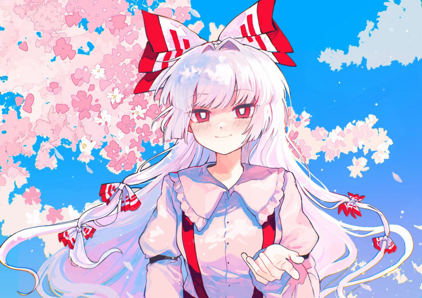 Safebooru - 1girl blush bow bright pupils buttons cherry blossoms closed mouth collared shirt ...
