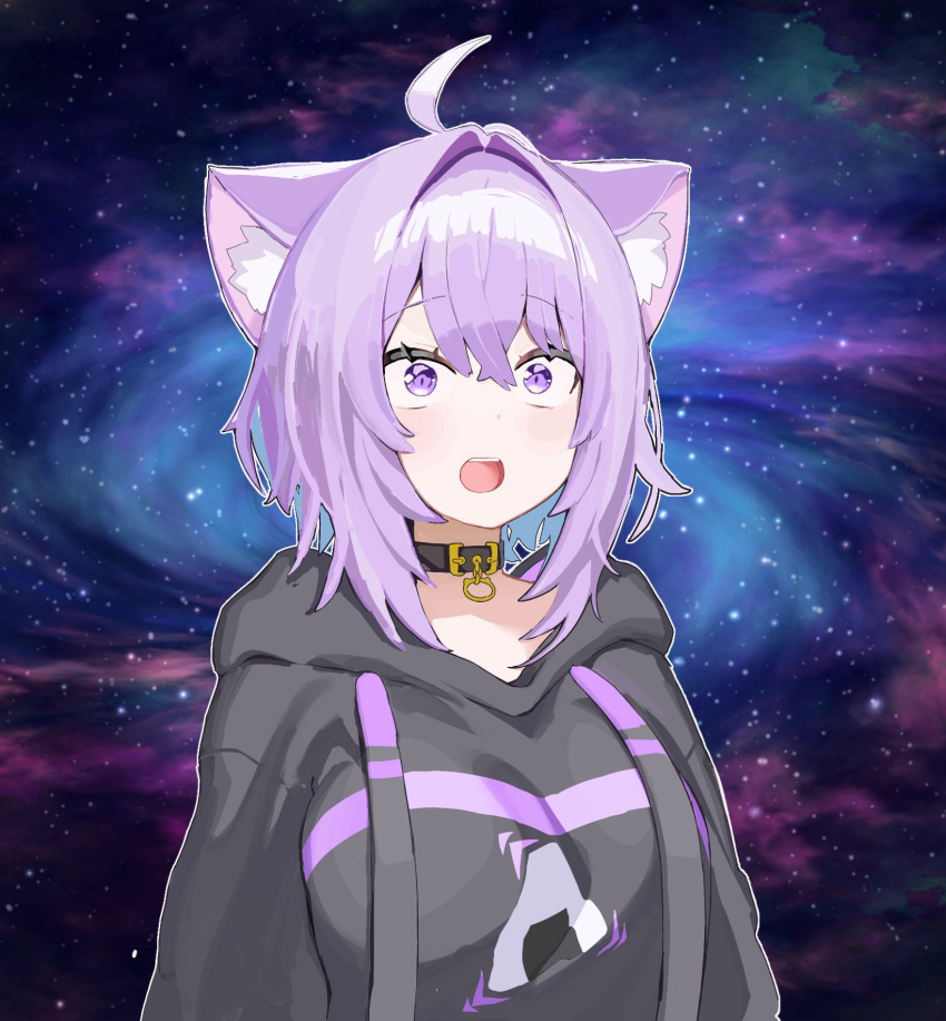 Safebooru - 1girl :o ahoge animal ears black collar black hoodie breasts cat ears collar highres ...