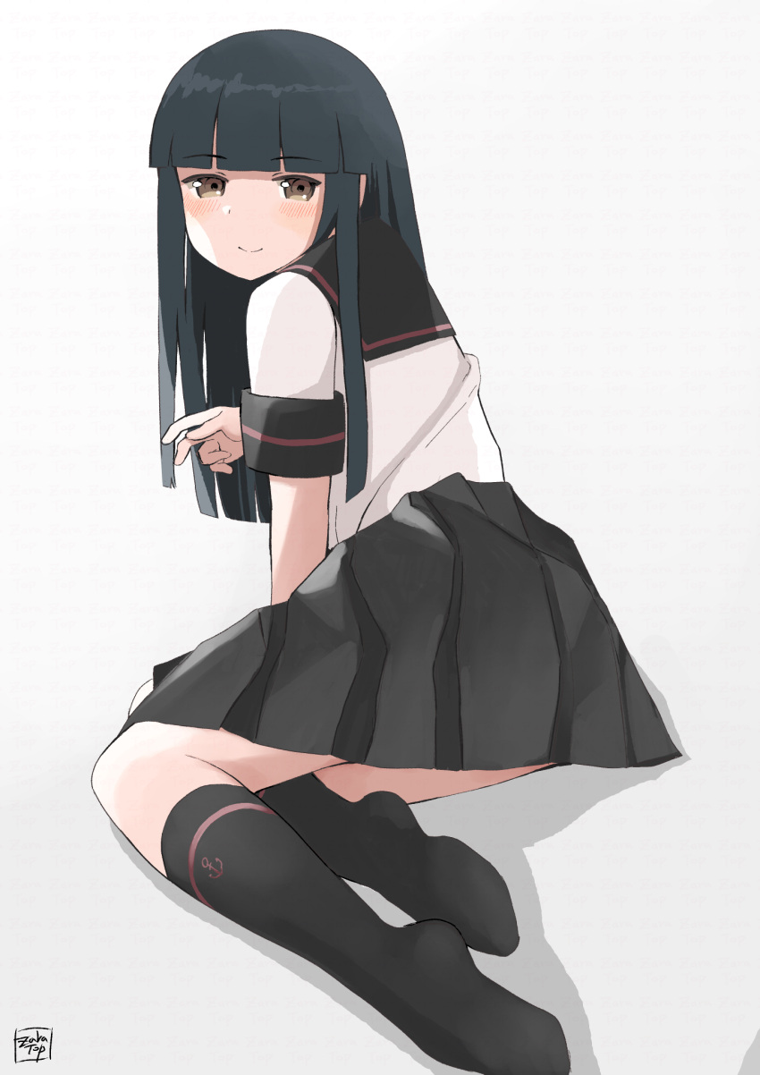 Safebooru - 1girl black hair black sailor collar black skirt black socks blunt bangs brown eyes ...