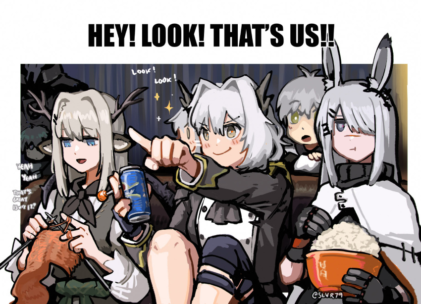 Safebooru - 1boy 3girls :o afterimage alina (arknights) animal ears antlers arknights arm up ...