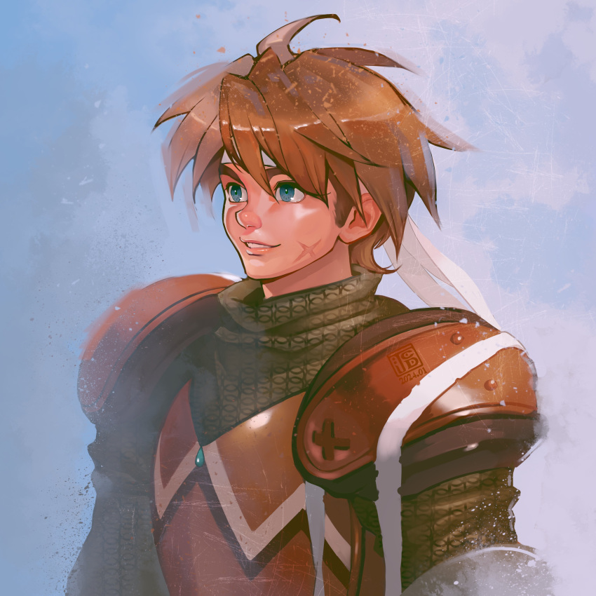 Safebooru - 1boy absurdres armor blue background blue eyes breastplate brown hair chainmail ...