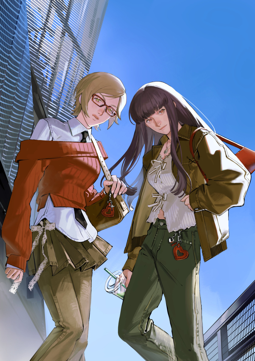 Safebooru - 2girls absurdres aikawa chinatsu bag black hair black necktie blonde hair blue sky ...