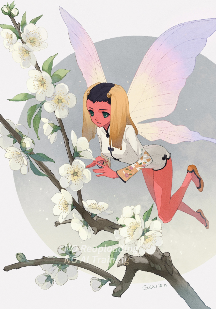 Safebooru - 1girl absurdres artist name black hair blonde hair blunt ends branch chinese clothes ...