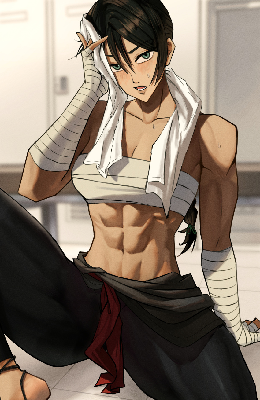 Safebooru - 1girl abs absurdres black hair chest sarashi commentary commission english ...