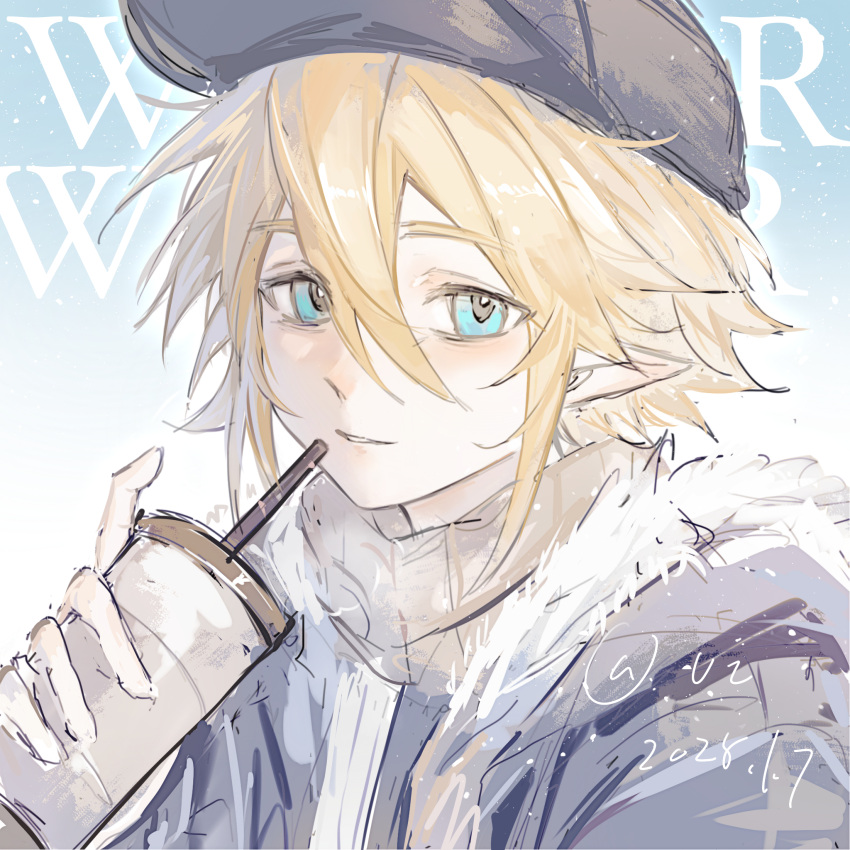Safebooru - 1boy alternate costume aotu world artist name bishounen black hat blonde hair blue ...