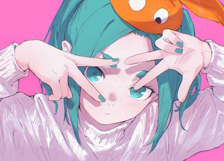 Safebooru - 1girl blue eyes blue hair blue nails close-up double v ...