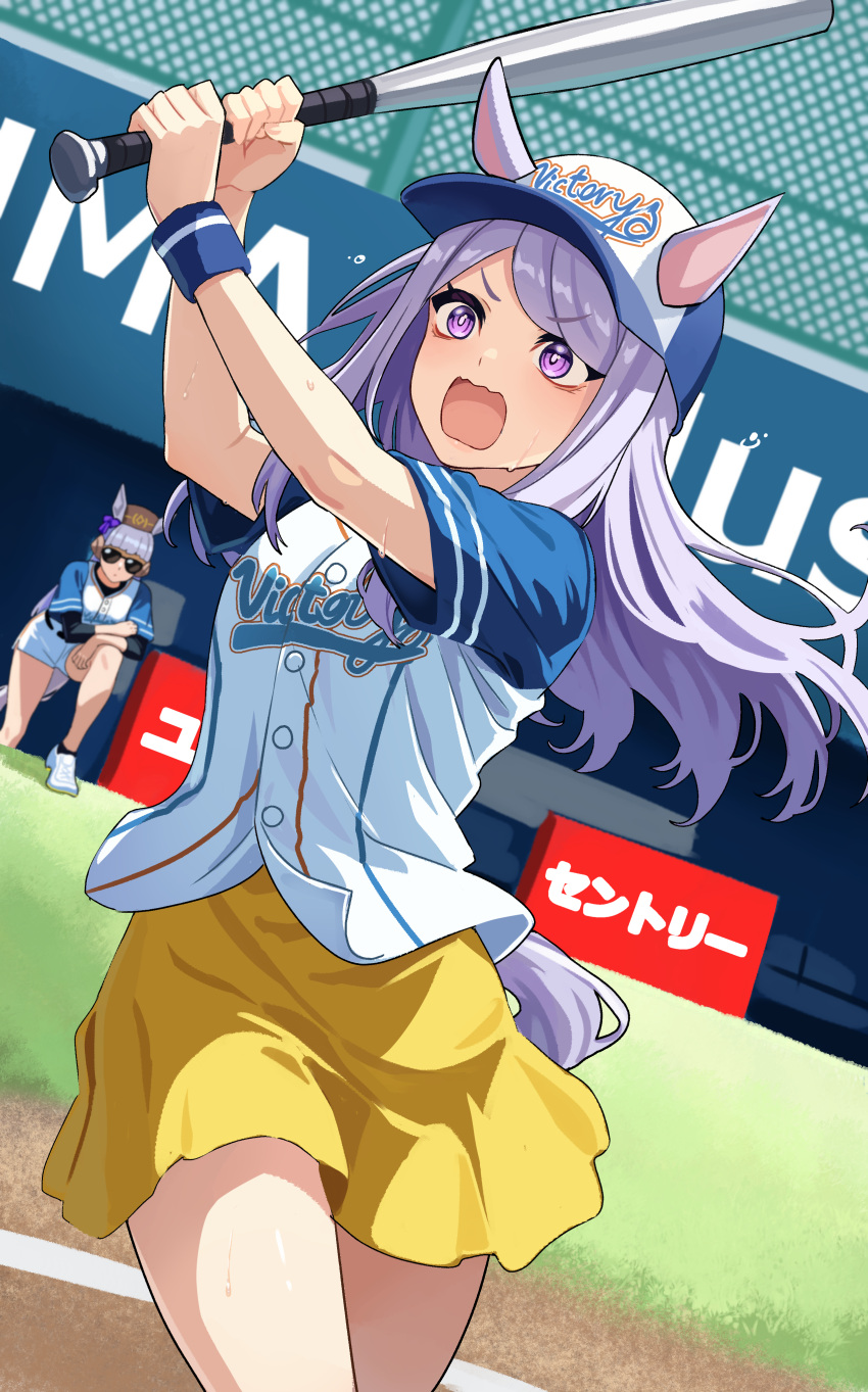 Safebooru - 2girls absurdres animal ears baseball bat baseball cap baseball uniform ears through ...