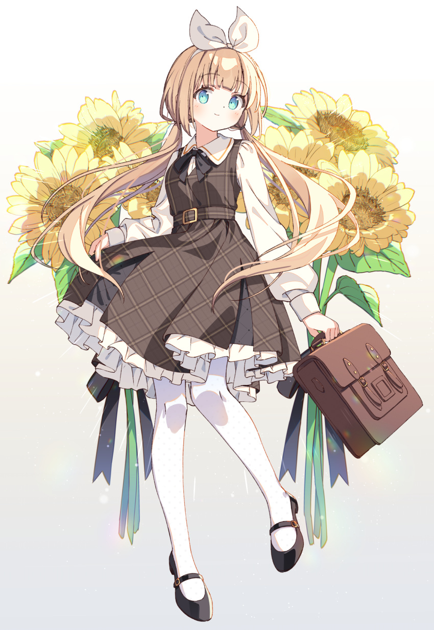 Safebooru - 1girl black shoes blonde hair blue eyes blush bow briefcase brown dress commentary ...