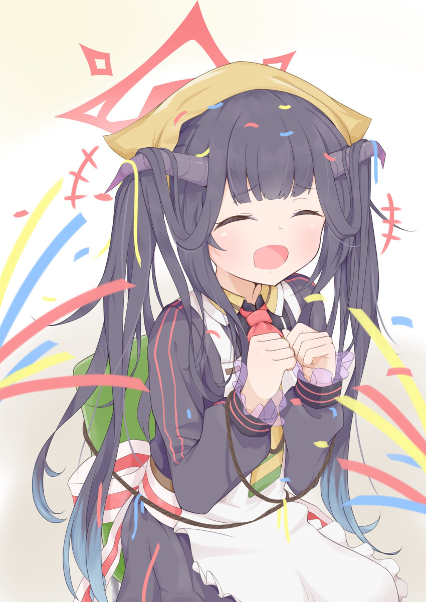 Safebooru - +++ 1girl :d ^ ^ apron back bow black dress black hair black horns blue archive ...