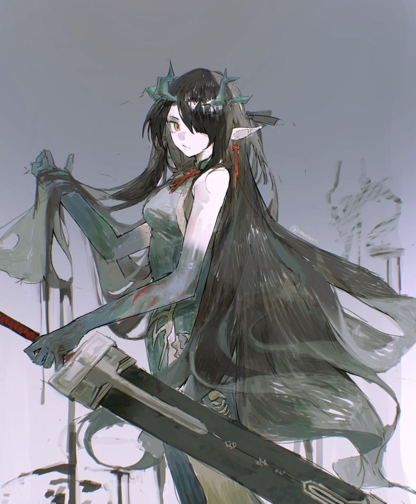 Safebooru - 1girl arknights black hair china dress chinese clothes colored skin dragon girl ...