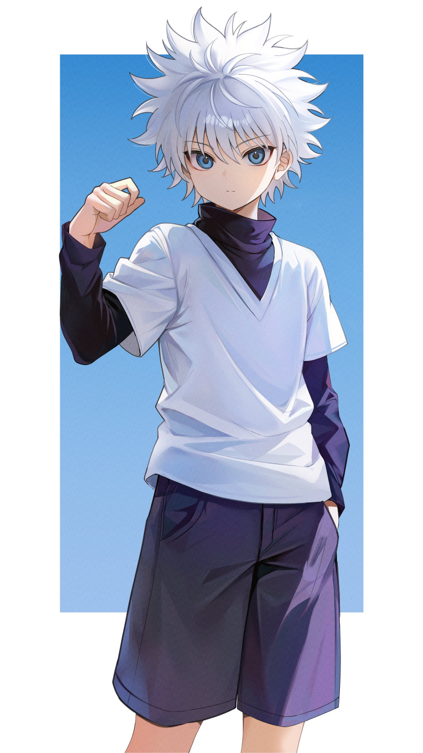 Safebooru - 1boy absurdres arm up blue eyes blue shorts closed mouth ...