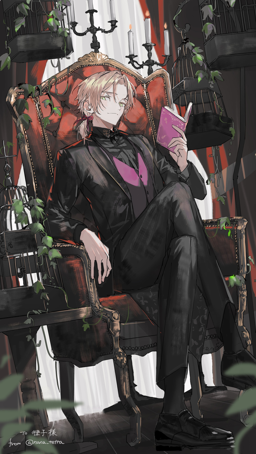 Safebooru - 1boy absurdres birdcage black bow black bowtie black jacket black shirt black shoes ...