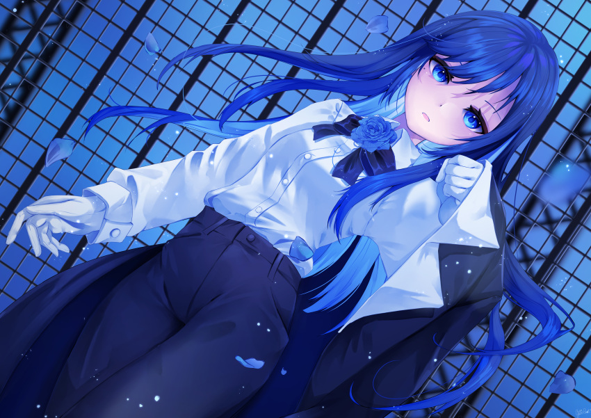 Safebooru - 1girl absurdres ado (utaite) black bow black pants blue eyes blue flower blue hair ...