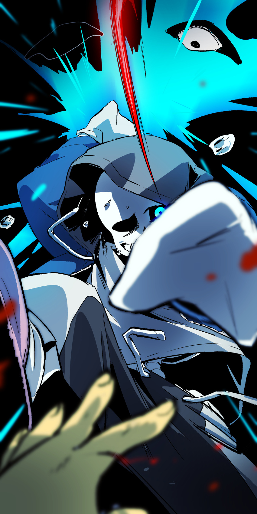 Safebooru - 1boy 1other absurdres arm up battle black sclera black shorts blood blue jacket ...