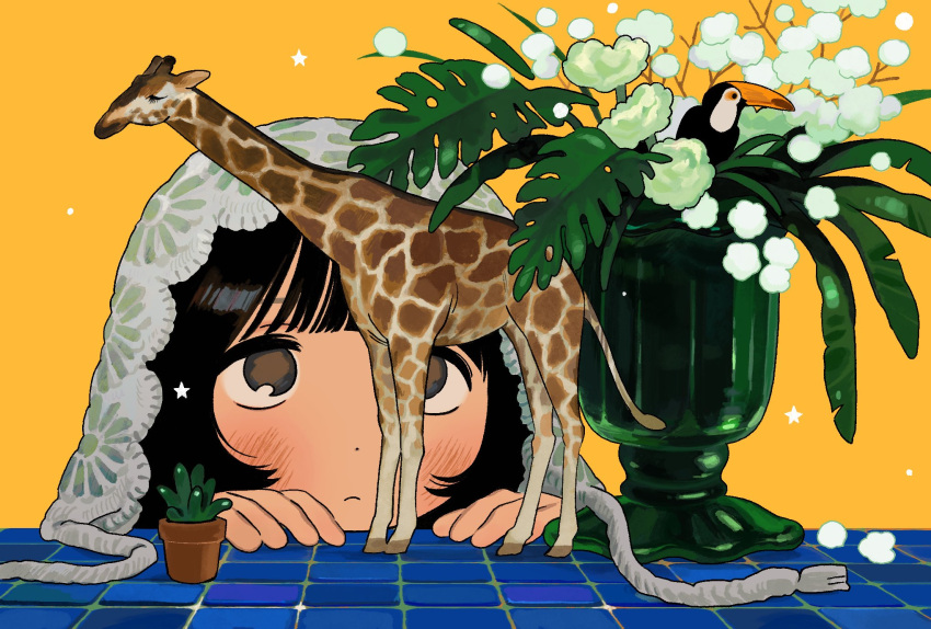 Safebooru - 1girl animal bird black hair blunt bangs blush closed eyes ...