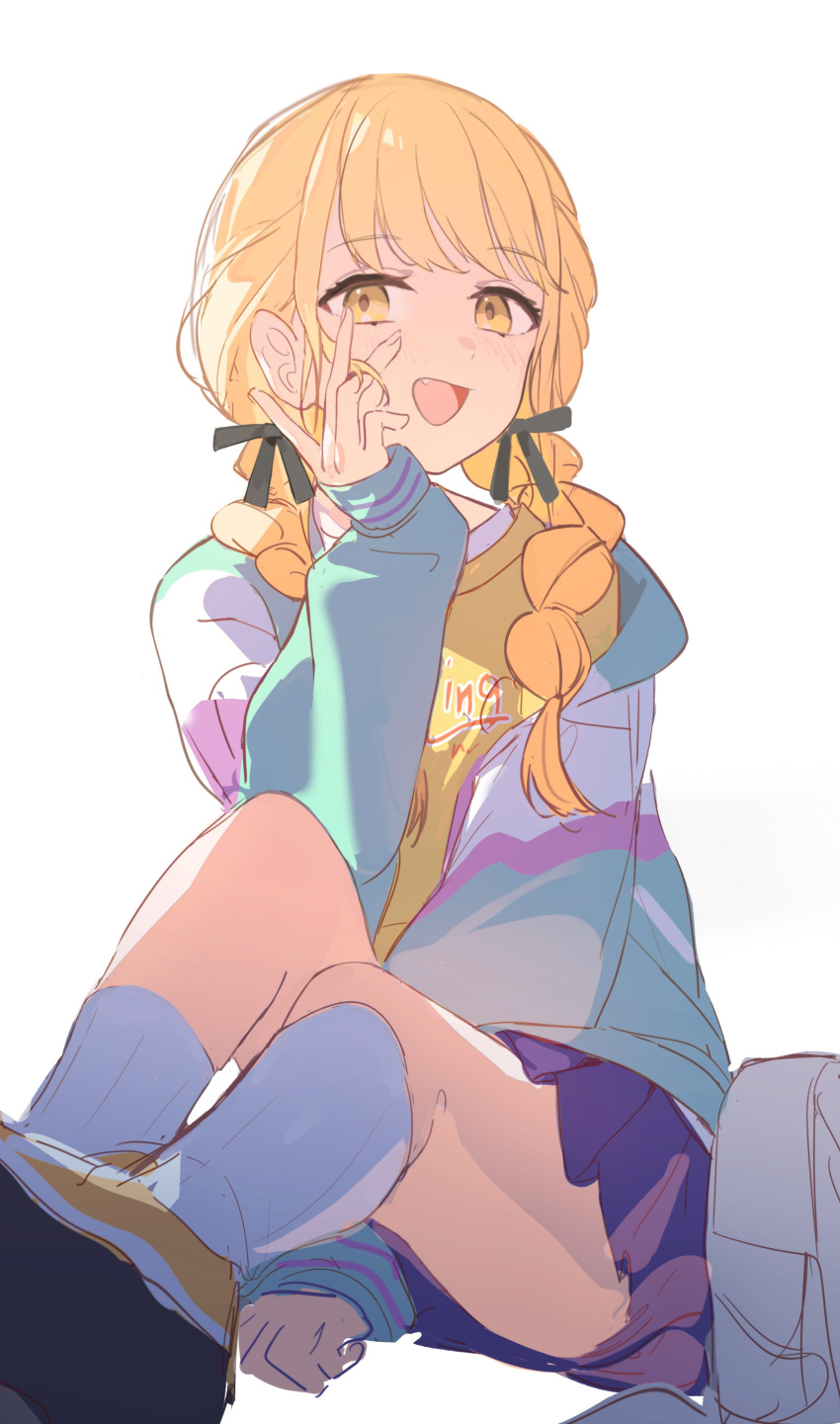 Safebooru - 1girl absurdres blonde hair blue jacket blue skirt blush braid commentary fujita ...