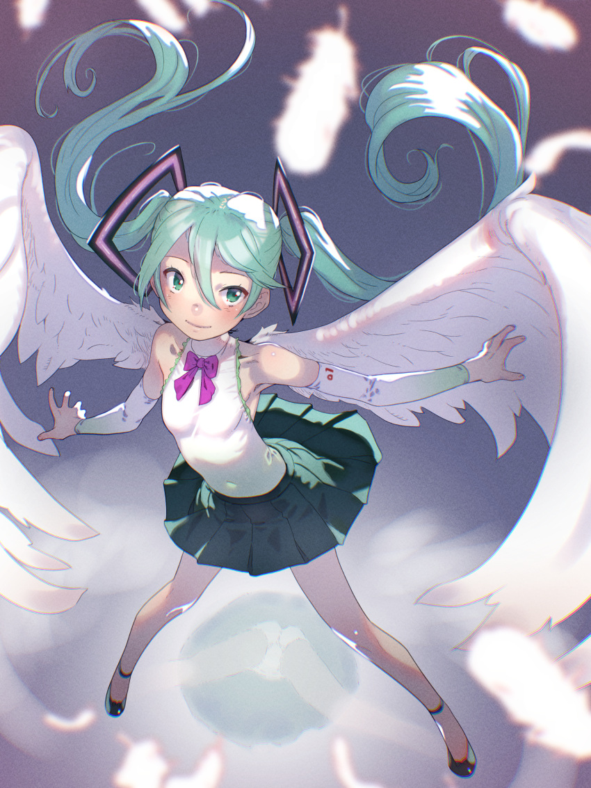 Safebooru - 1girl angel wings aqua eyes aqua hair aqua skirt arm warmers breasts feathers ...