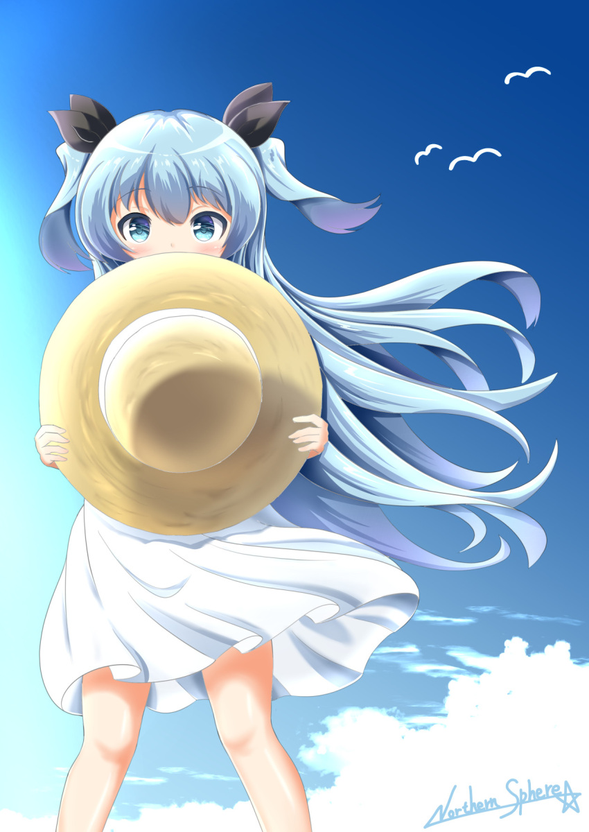 Safebooru - 1girl black bow blue eyes blue sky bow clouds day dress feet out of frame hair bow ...