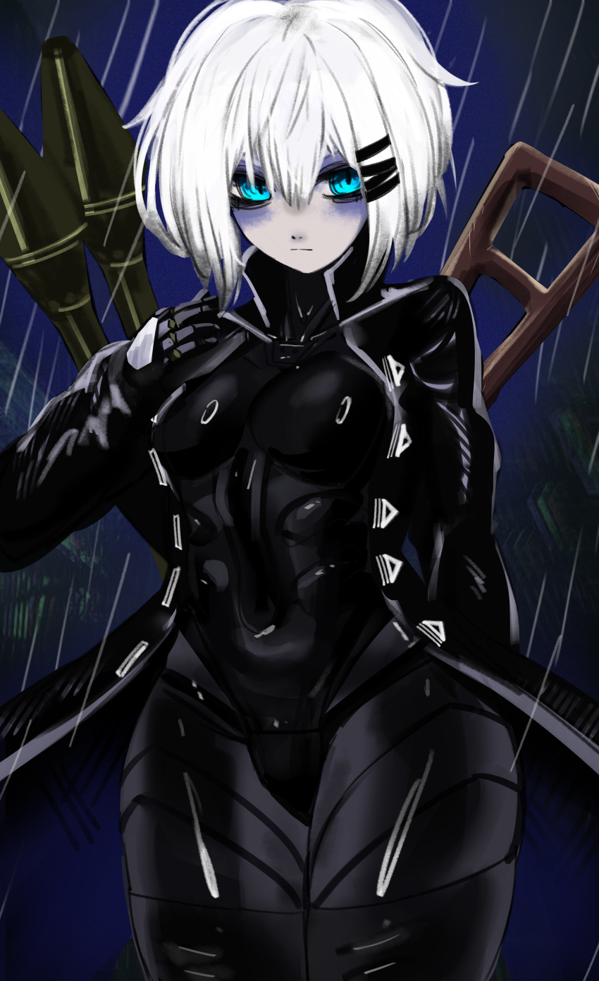 Safebooru - 1girl absurdres bags under eyes black coat blue eyes bodysuit bodysuit under clothes ...