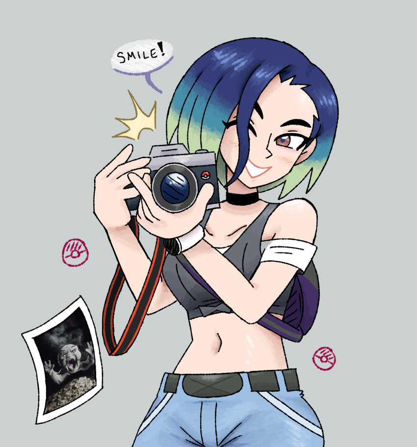 Safebooru - 1girl ash baby (meme) bare shoulders black choker blue hair bob cut breasts brown ...