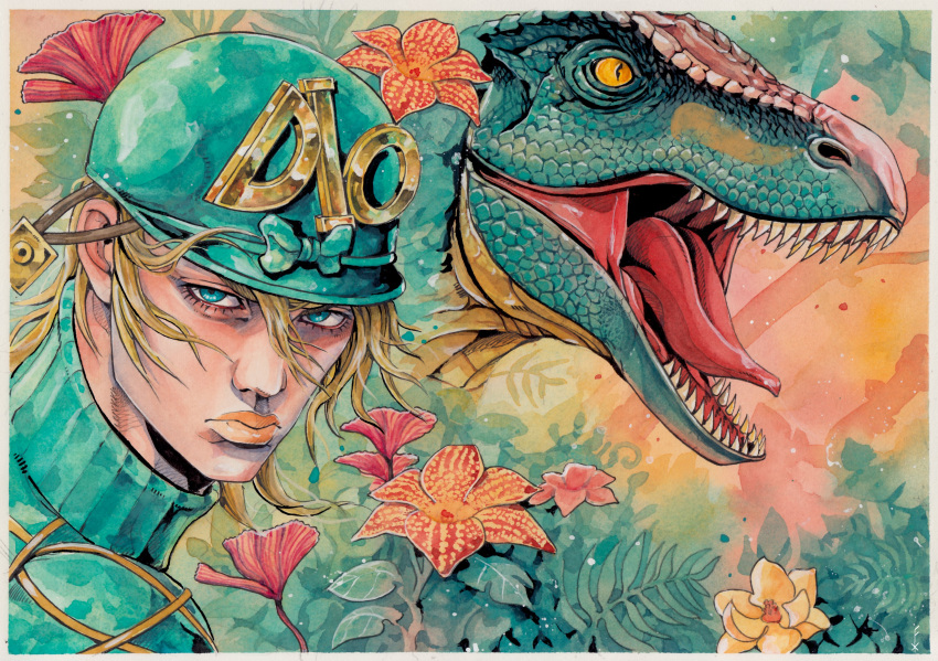 Safebooru - 1boy 1other absurdres blonde hair blue eyes bow diego brando dinosaur english text ...