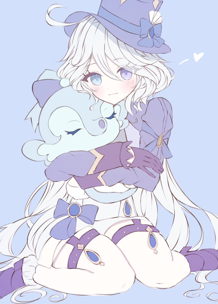 Safebooru - 1girl ahoge black gloves blue background blue eyes blue hat blue jacket blue shoes ...