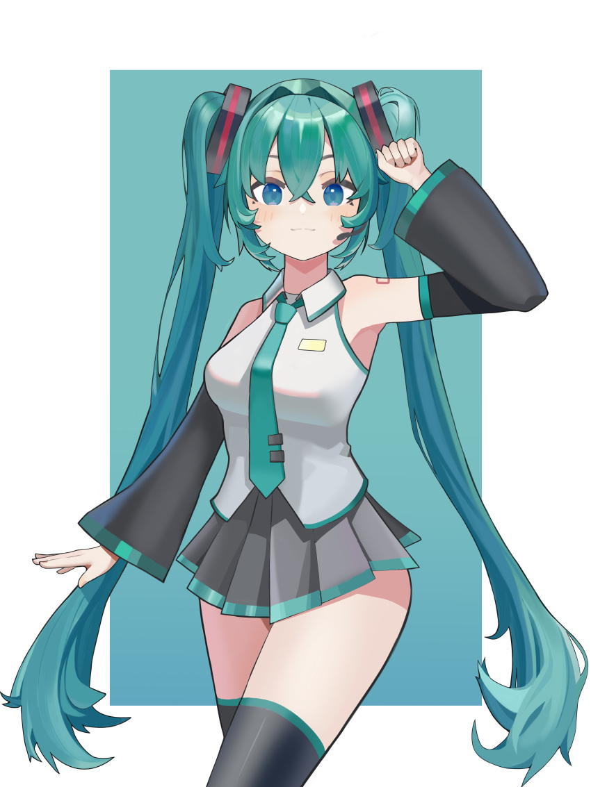 Safebooru - 1girl absurdres aqua background aqua eyes aqua hair aqua necktie arm up bare ...