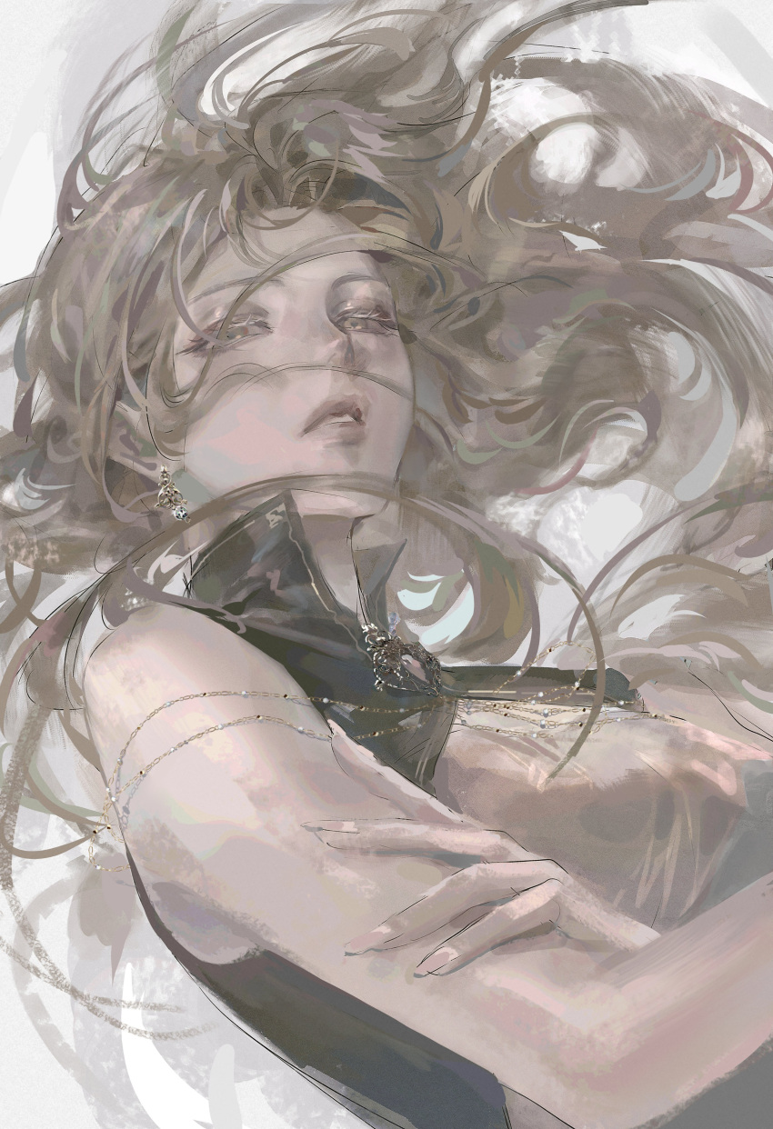 Safebooru - absurdres blonde hair clothing cutout crossed arms curly hair ea ateu half-closed ...