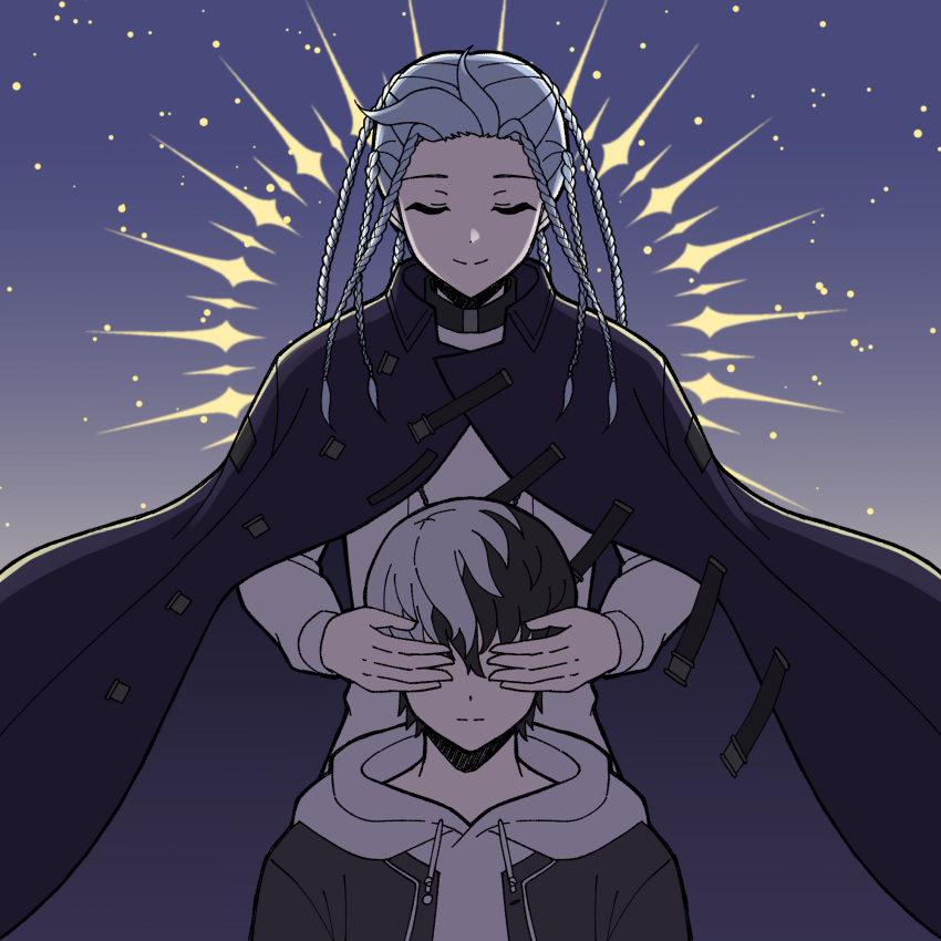 Safebooru - 2boys black hair braid closed eyes covering another's eyes ...