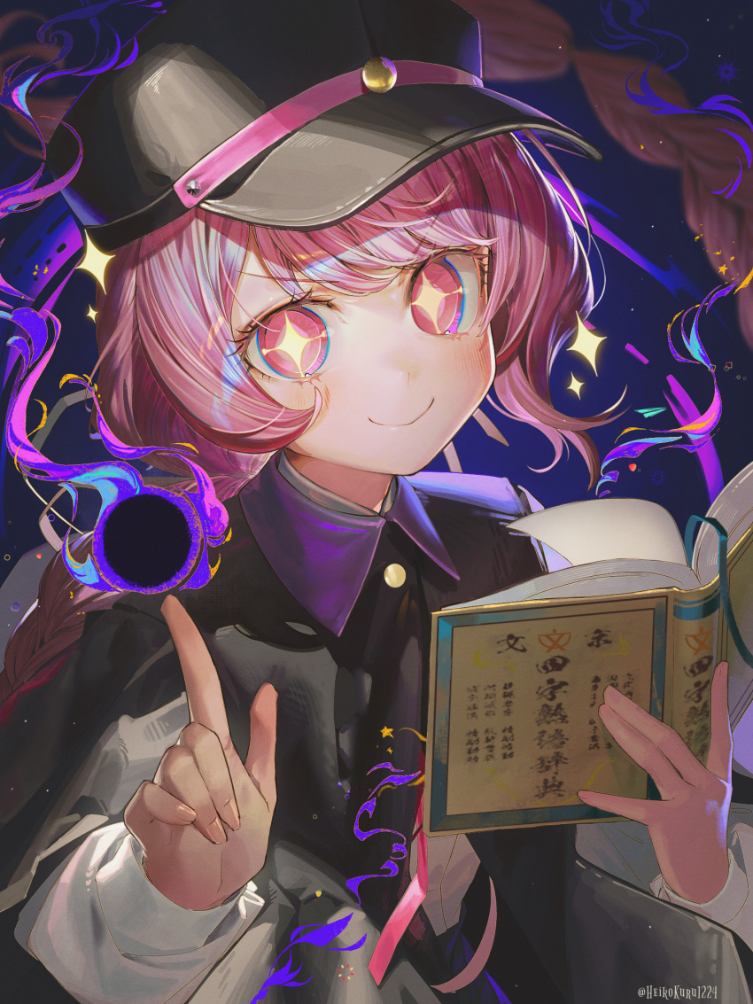 Safebooru - 1girl black cape book braid braided ponytail cape eyelashes hands up hat ...