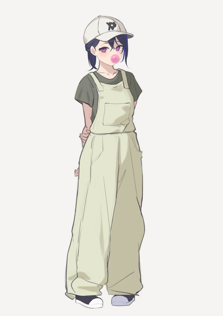 Safebooru - 1girl absurdres alternate costume arms behind back baseball cap black hair chewing ...